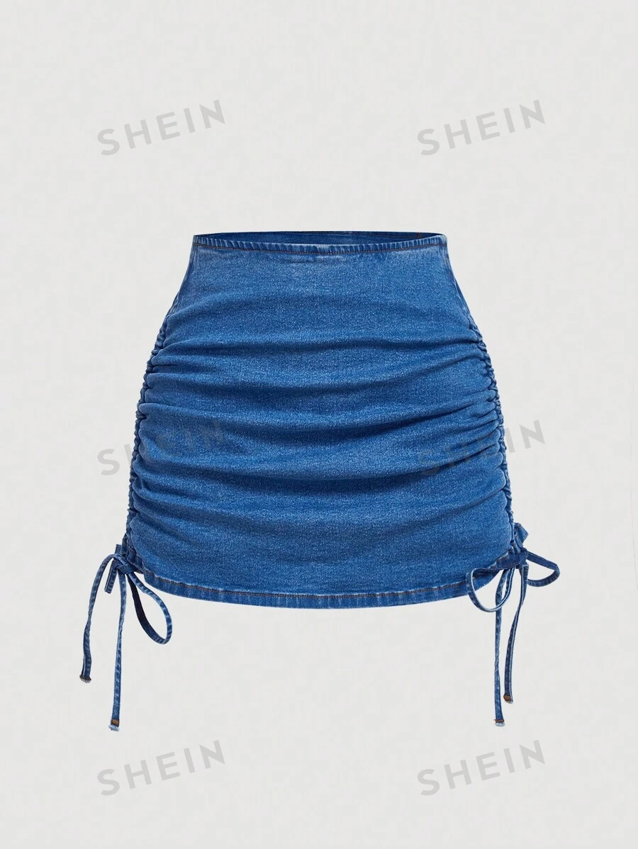 SHEIN MOD Falda short vaquera casual de verano para damas con ajuste de cordón lateral y ...