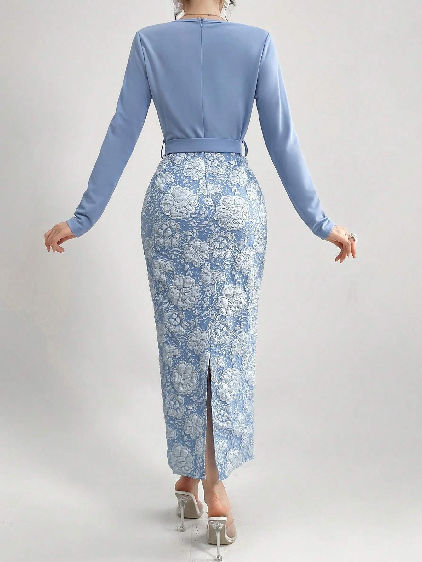 SHEIN Modely Women Elegant Jacquard Patchwork Mermaid Long Sleeve Dress ...