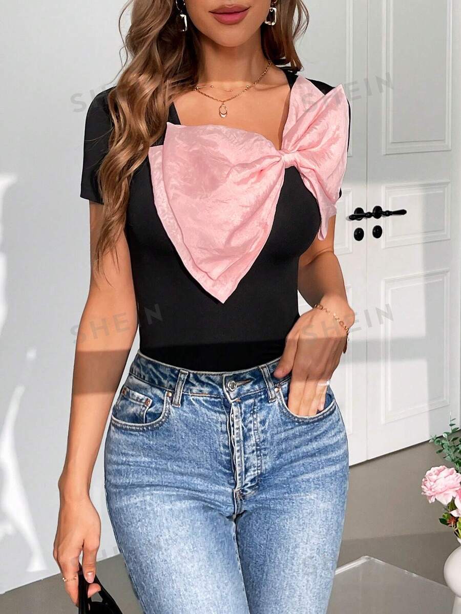 SHEIN Privé Romantic Holiday Contrast Bowknotted Short-Sleeved Women's ...