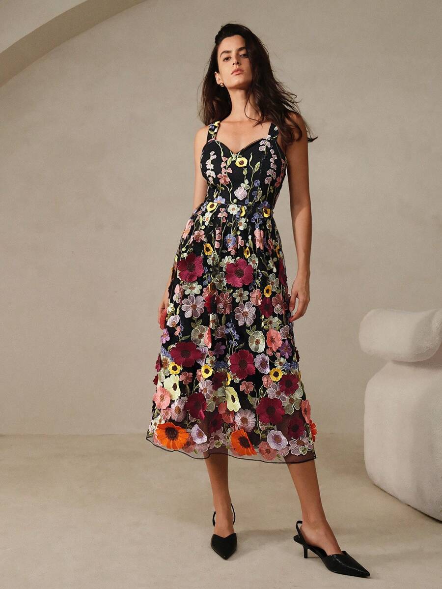 Anewsta Exquisite And Elegant 3D Embroidery Flower Decor Women Sleeveless Mid-Length Dress ...