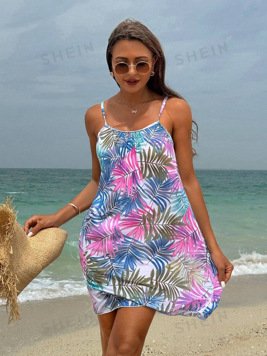SHEIN Swim Vcay Summer Beach Women Tropical Plant Printed Spaghetti Strap Beach Vacation Cover ...