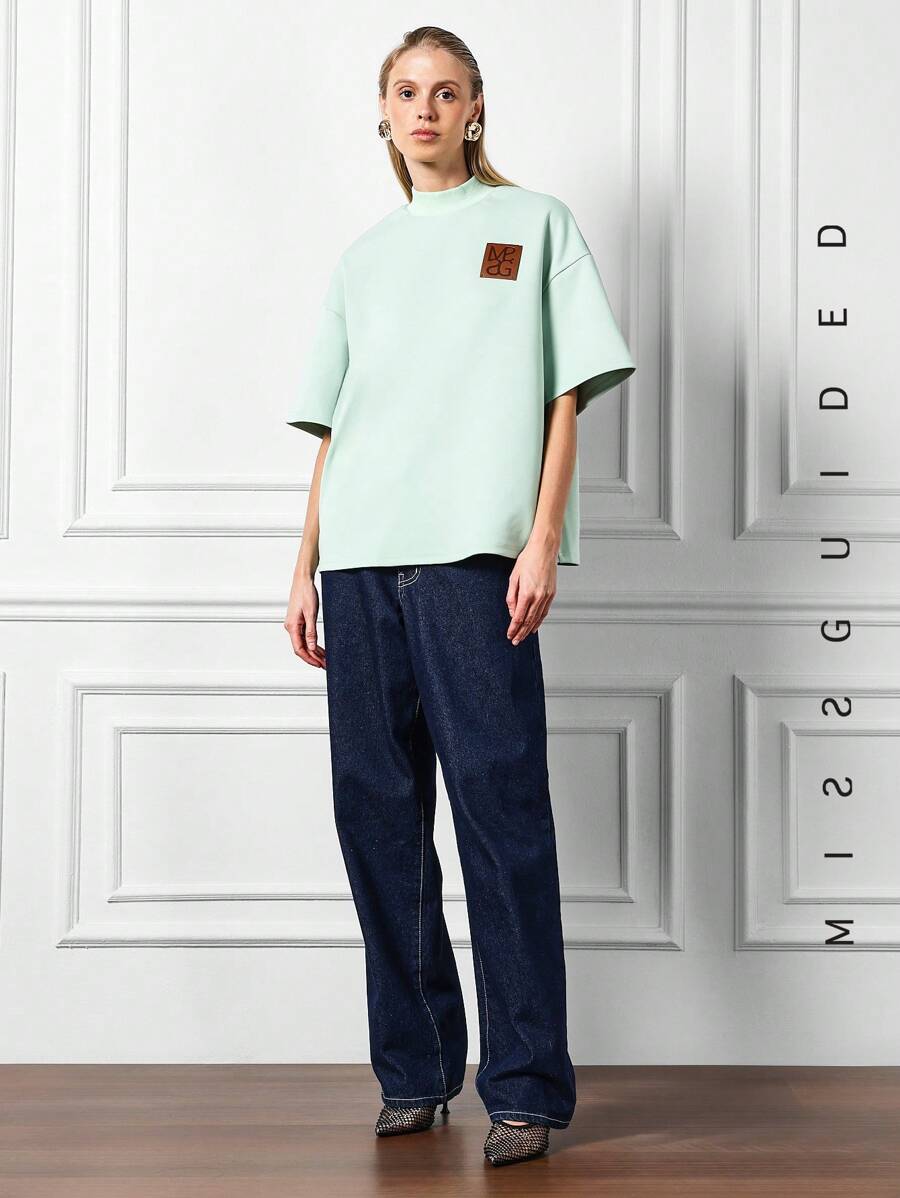 MISSGUIDED Logo Branding Patch Front Polo Neck Dropped Sleeve Oversized ...