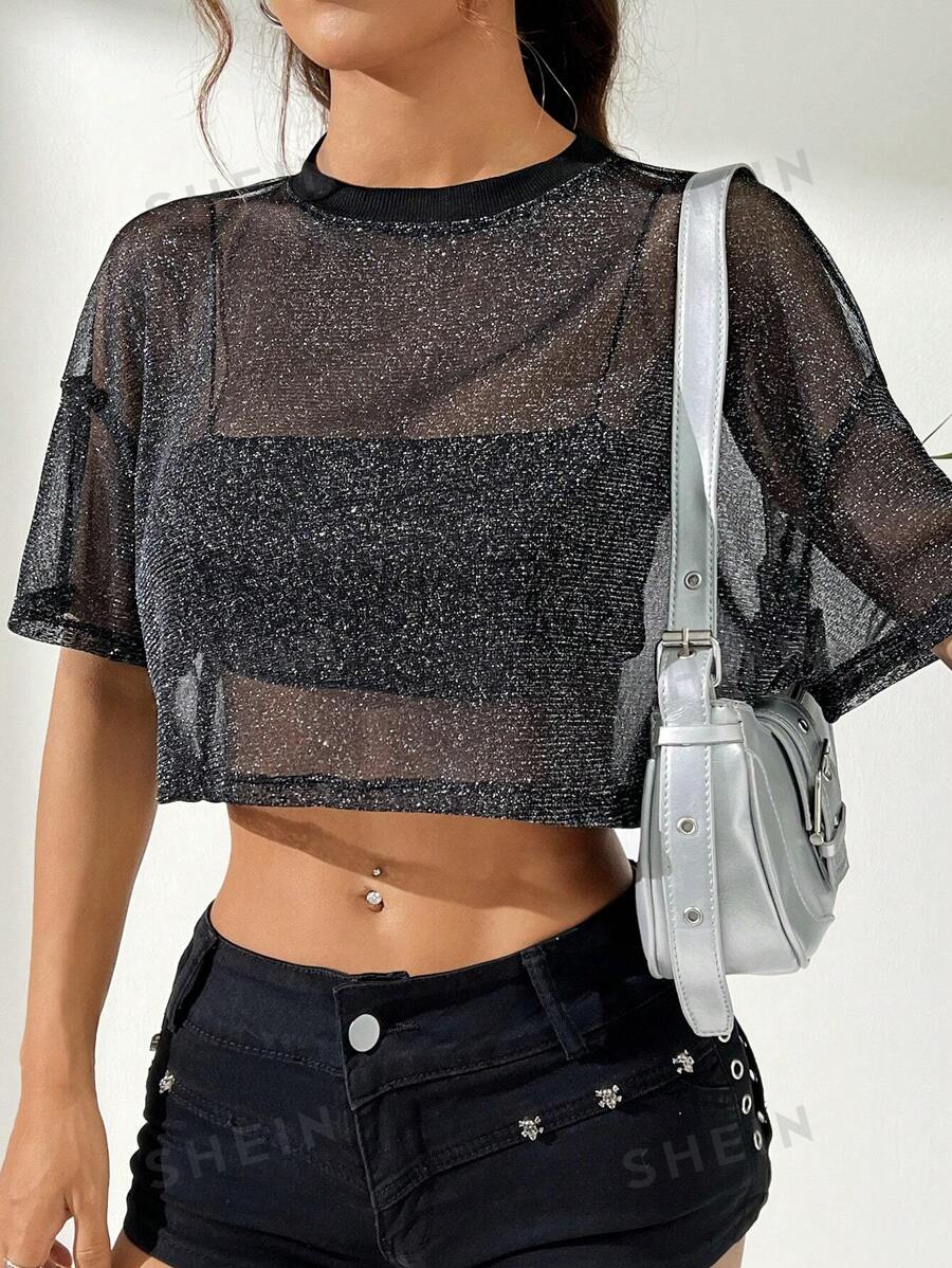 SHEIN EZwear Black Sparkling Mesh See-Through Cropped Top For Summer ...