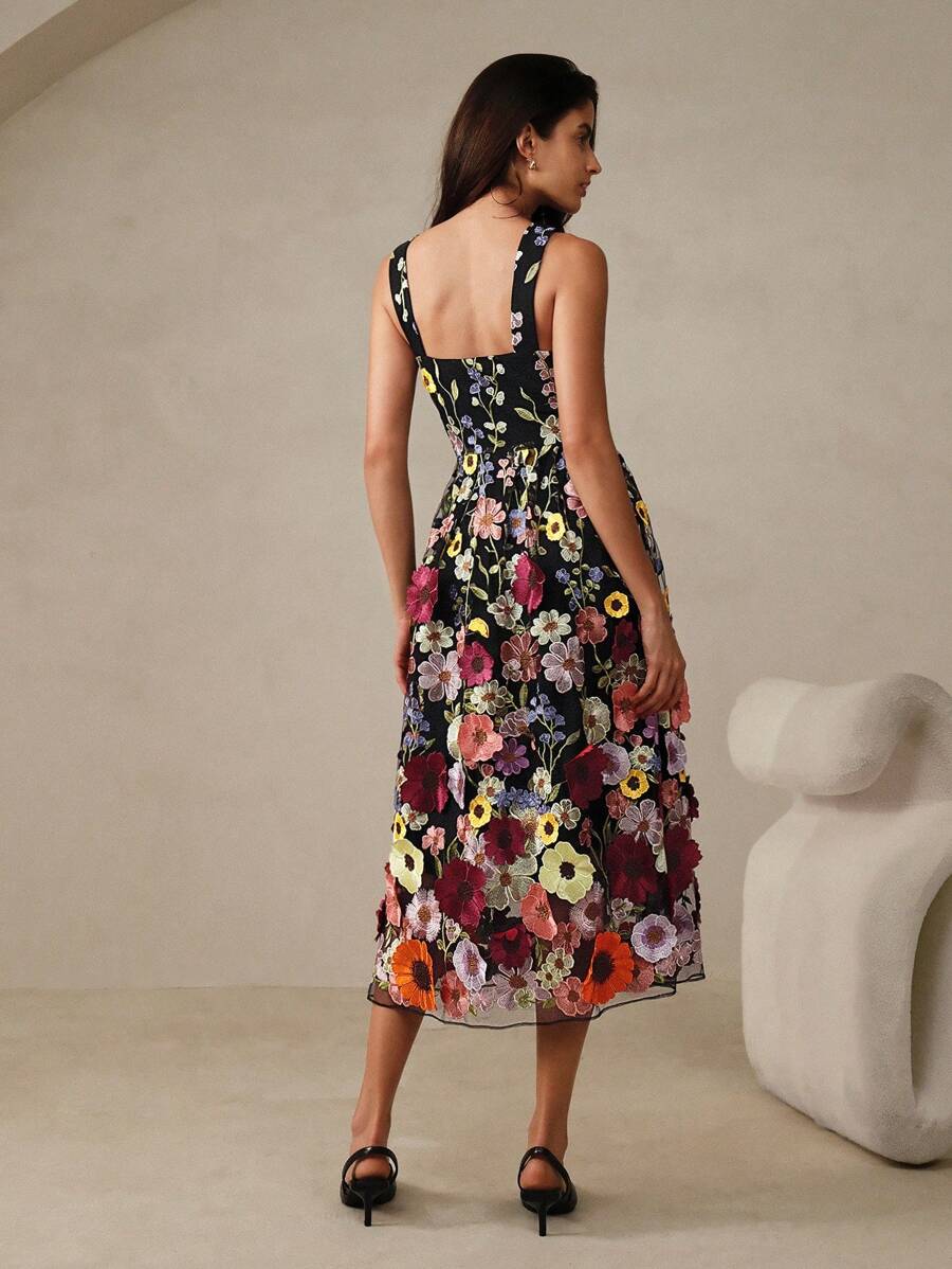 Anewsta Exquisite And Elegant 3D Embroidery Flower Decor Women Sleeveless Mid-Length Dress ...
