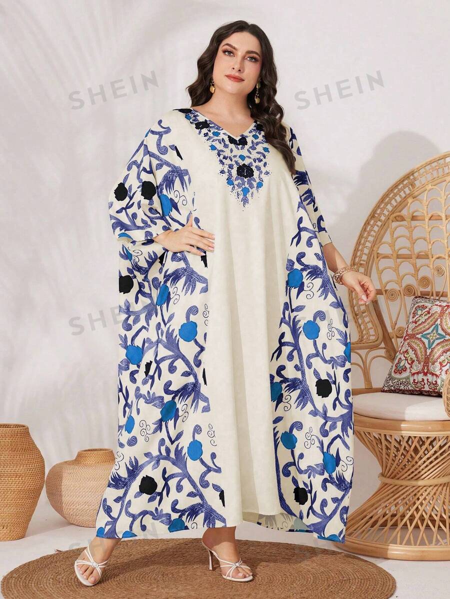 SHEIN Najma Plus Size Arab Style Plant Print V-Neck Batwing Sleeve Oversized Dress, Modest Full ...
