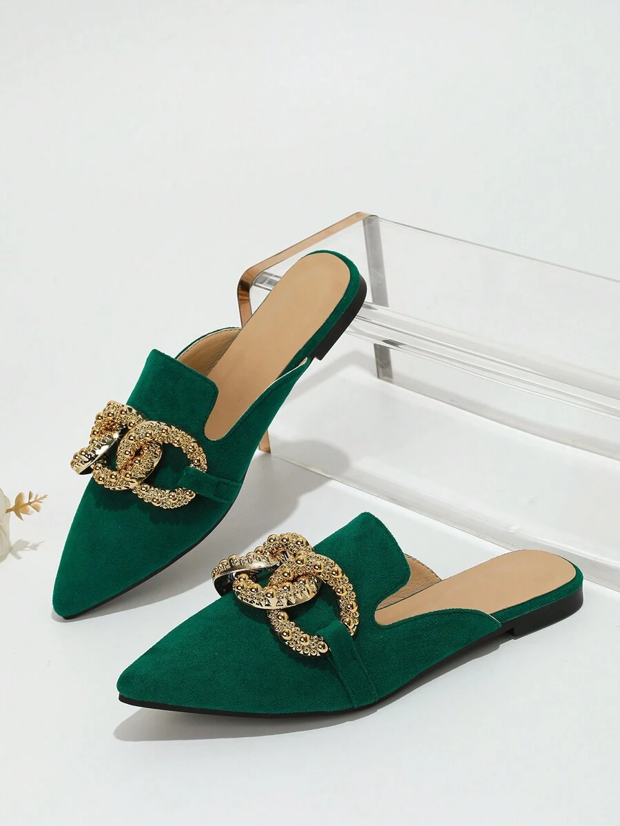 2025 Autumn Elegant Women Green Plush Muller Half-Slippers With Circles ...