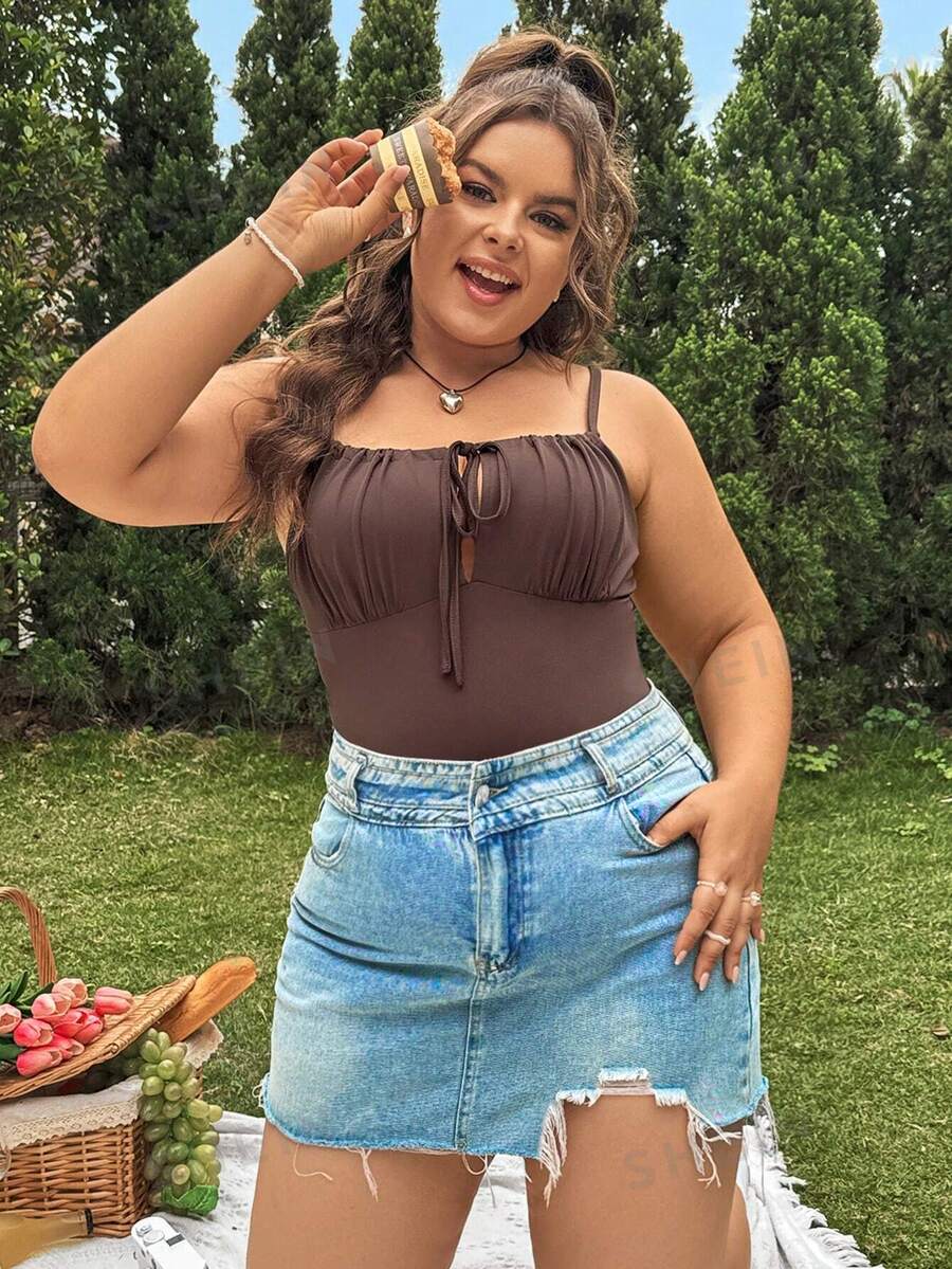 SHEIN EZwear Plus Size Brown Spaghetti Strap Bodycon Body với thiết kế ...