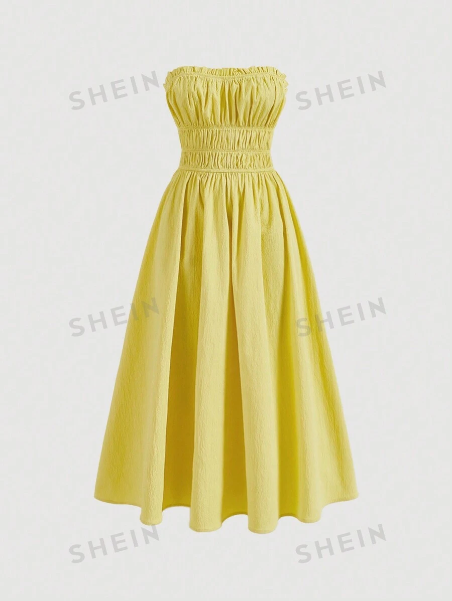 SHEIN MOD Yellow Pleated Strapless Vacation Summer Dress Maxi Women ...
