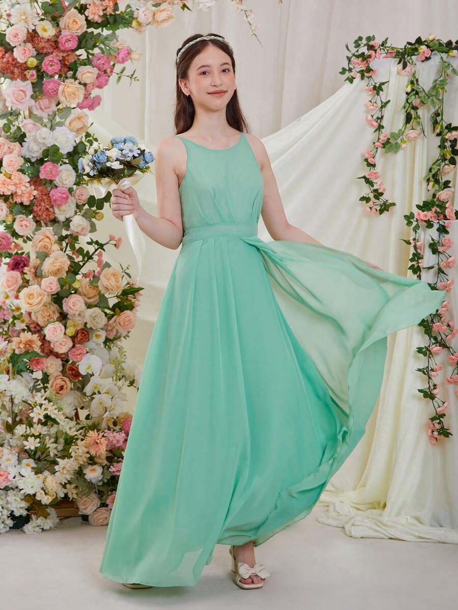 Robe longue élégante sans manches pour adolescente, couleur unie avec ...