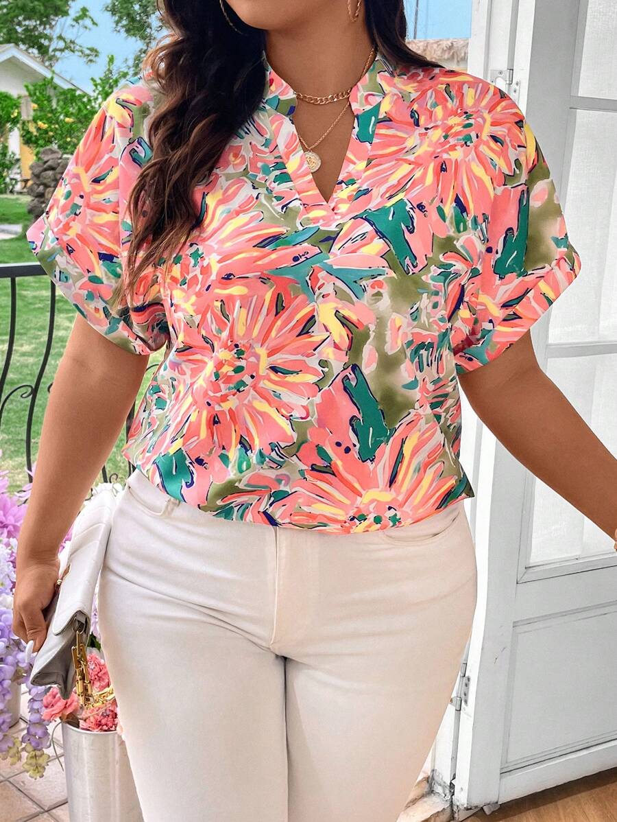 Breezaya Plus Size Boho Floral Print Notched Collar Batwing Sleeve Summer Casual Shirt | SHEIN USA