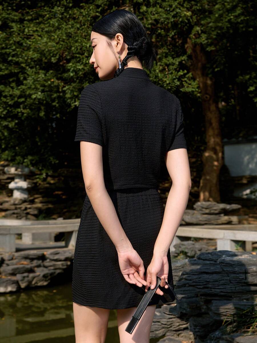 SHEIN EastFlair Chinese Style Knitted Wave Texture Dress With Classic ...