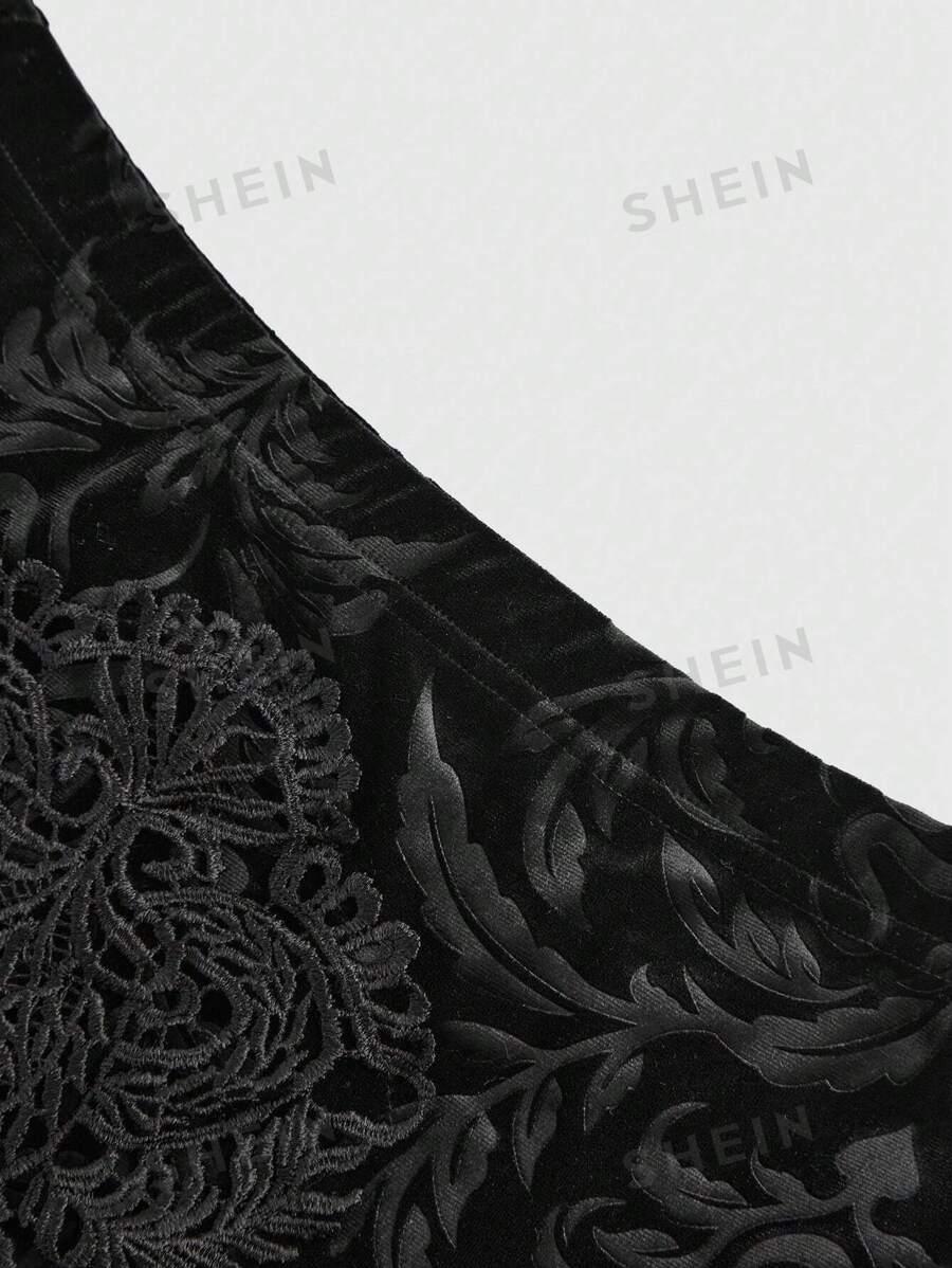 ROMWE Goth Elegant And Luxurious Palace Style Lace Applique Decorated Skull Embossed Velvet ...