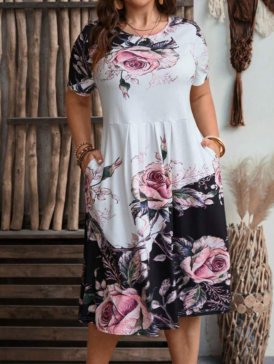 EMERY ROSE Plus Size Women\ Floral Print Round Neck Short Sleeve Dress | SHEIN USA