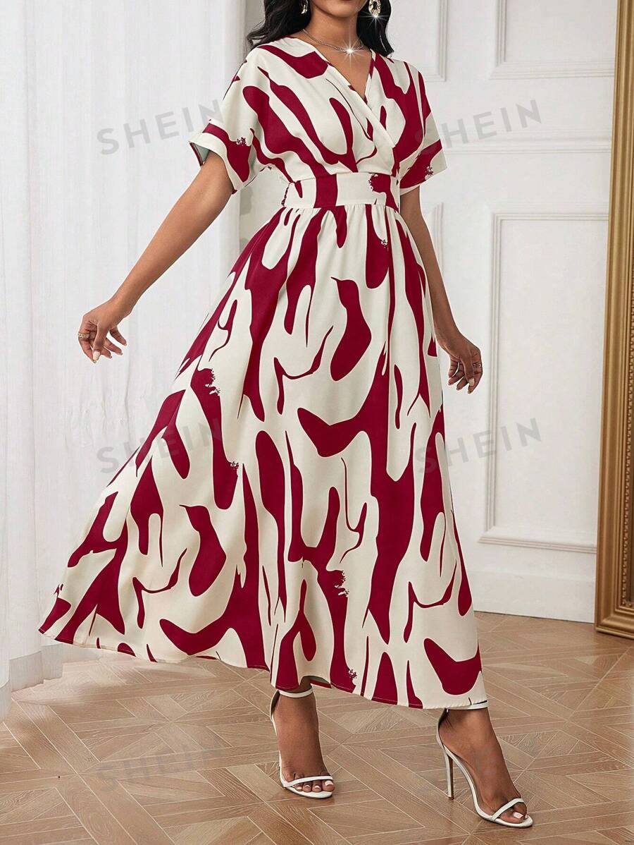 SHEIN Lady Damen V-Ausschnitt Kleid mit zufälligem Muster und Taillenband-Design | aktuelle ...