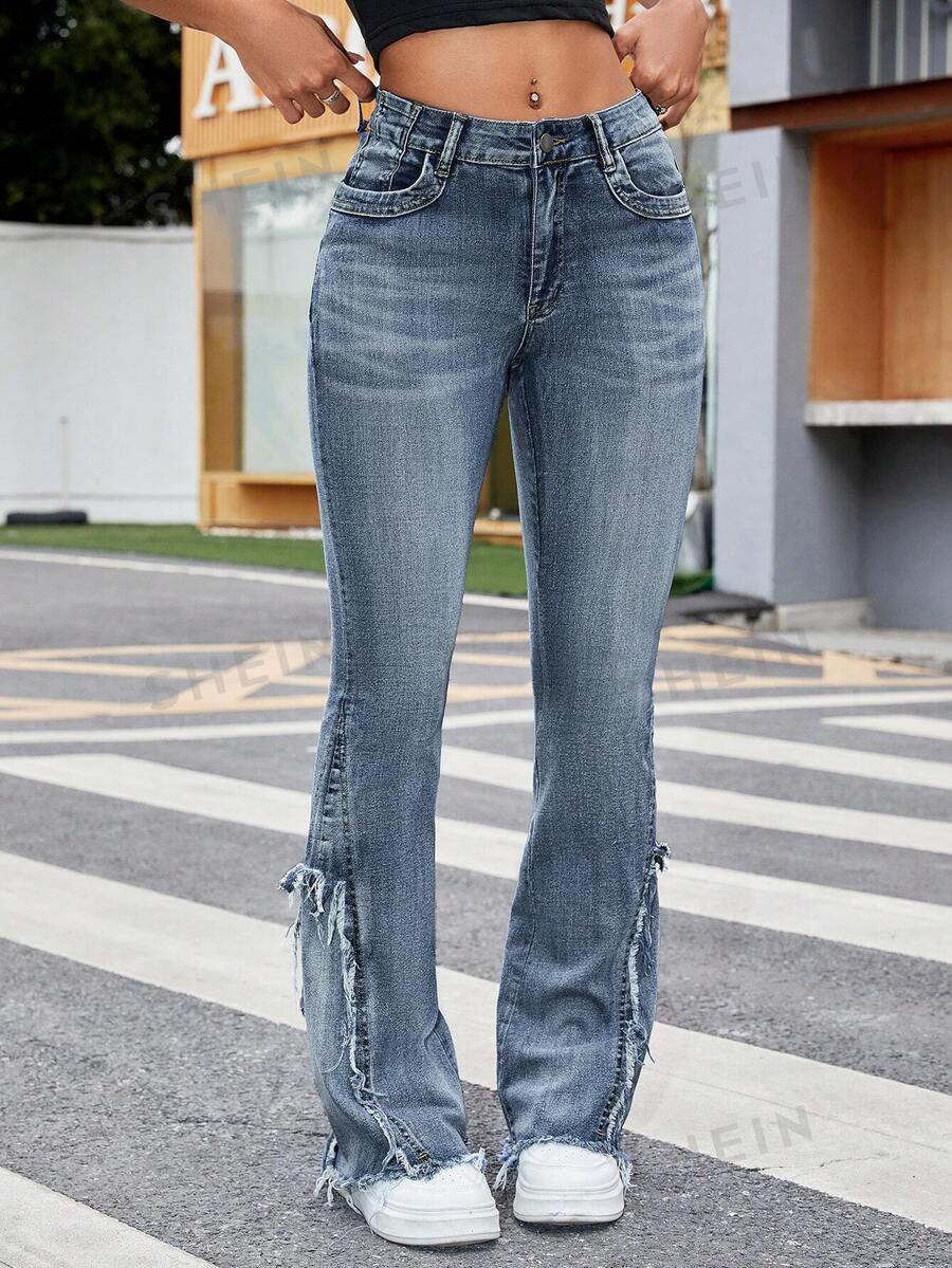 SHEIN EZwear Women Washed Blue Raw Edge Flared Jeans | SHEIN UK