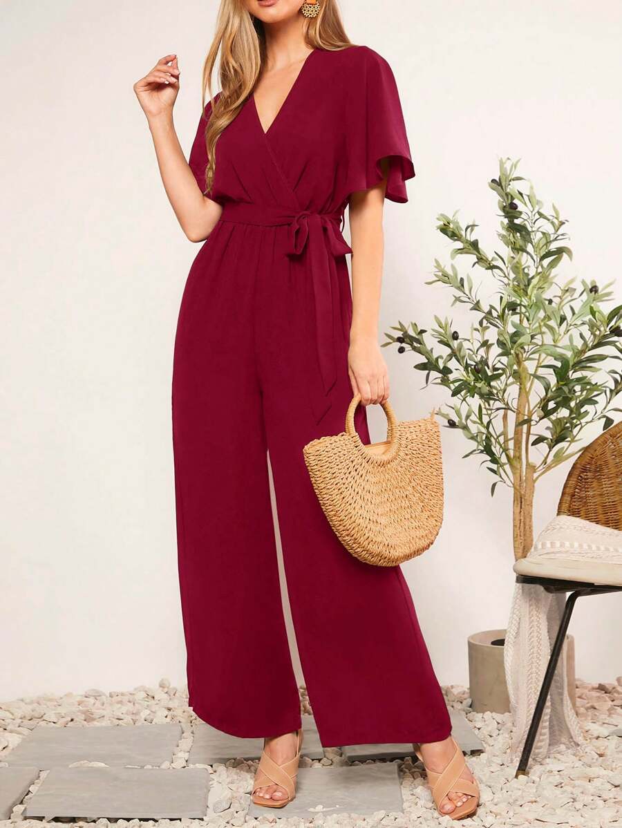 SHEIN Clasi Summer Belted V-Neck Polka Dot Printed Jumpsuit For Casual ...