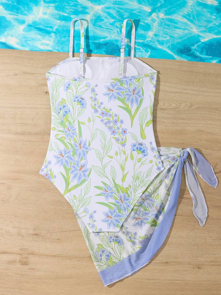 Tween Girl Swimsuit With Random Printed Ruffle Hem, No Need For Lock ...