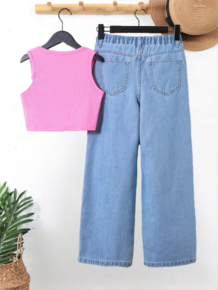 SHEIN Tween Girl Y2K Spring Summer Trendy Cute Pink Crop Tank Top Vest ...