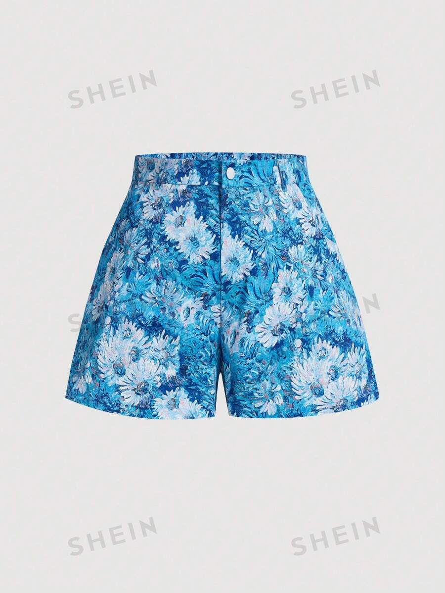 SHEIN MOD Blue And White Retro Oil Painting Style Plus Size Women Shorts, A Version | SHEIN UK