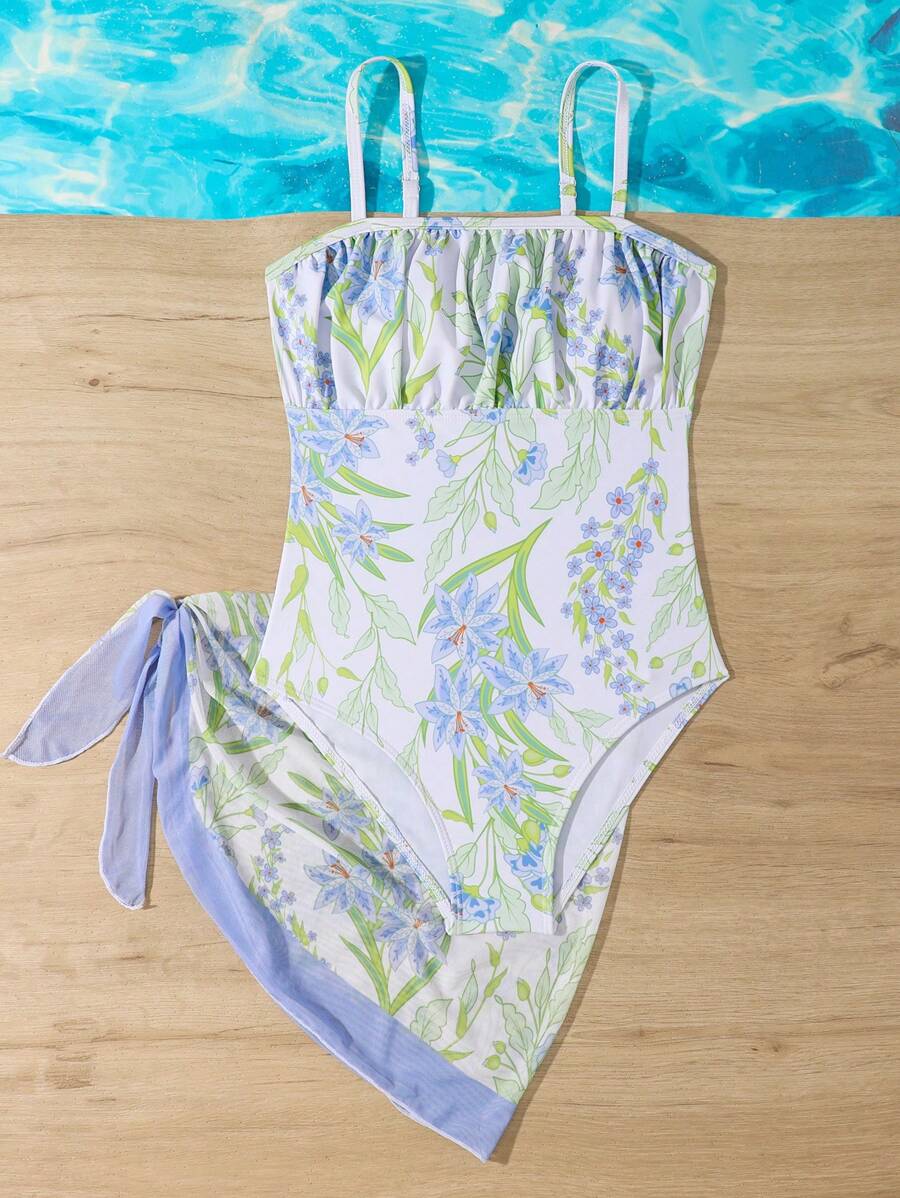 Tween Girl Swimsuit With Random Printed Ruffle Hem, No Need For Lock ...