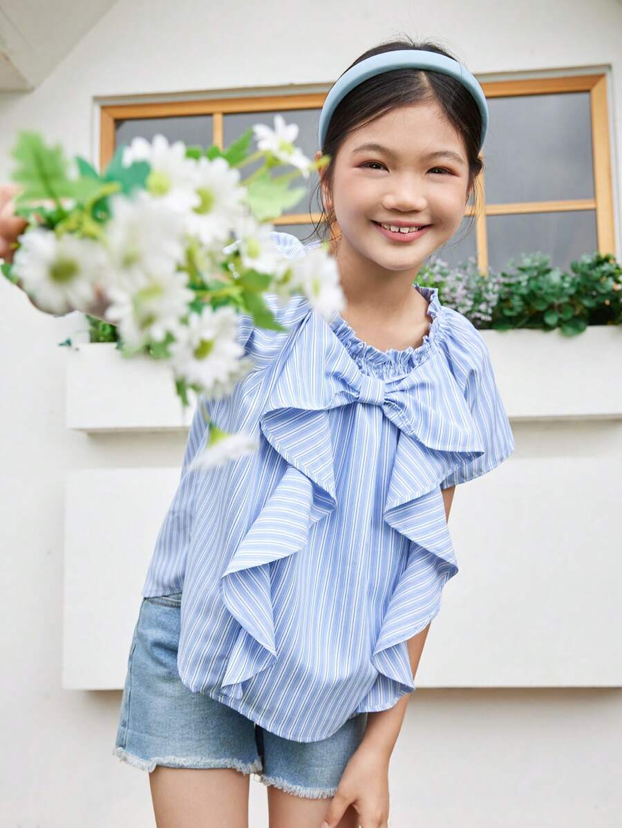 SHEIN Tween Girl Loose-Fit Striped Shirt With Japanese-Style Simplicity, Bowknot & Ruffle Hem ...