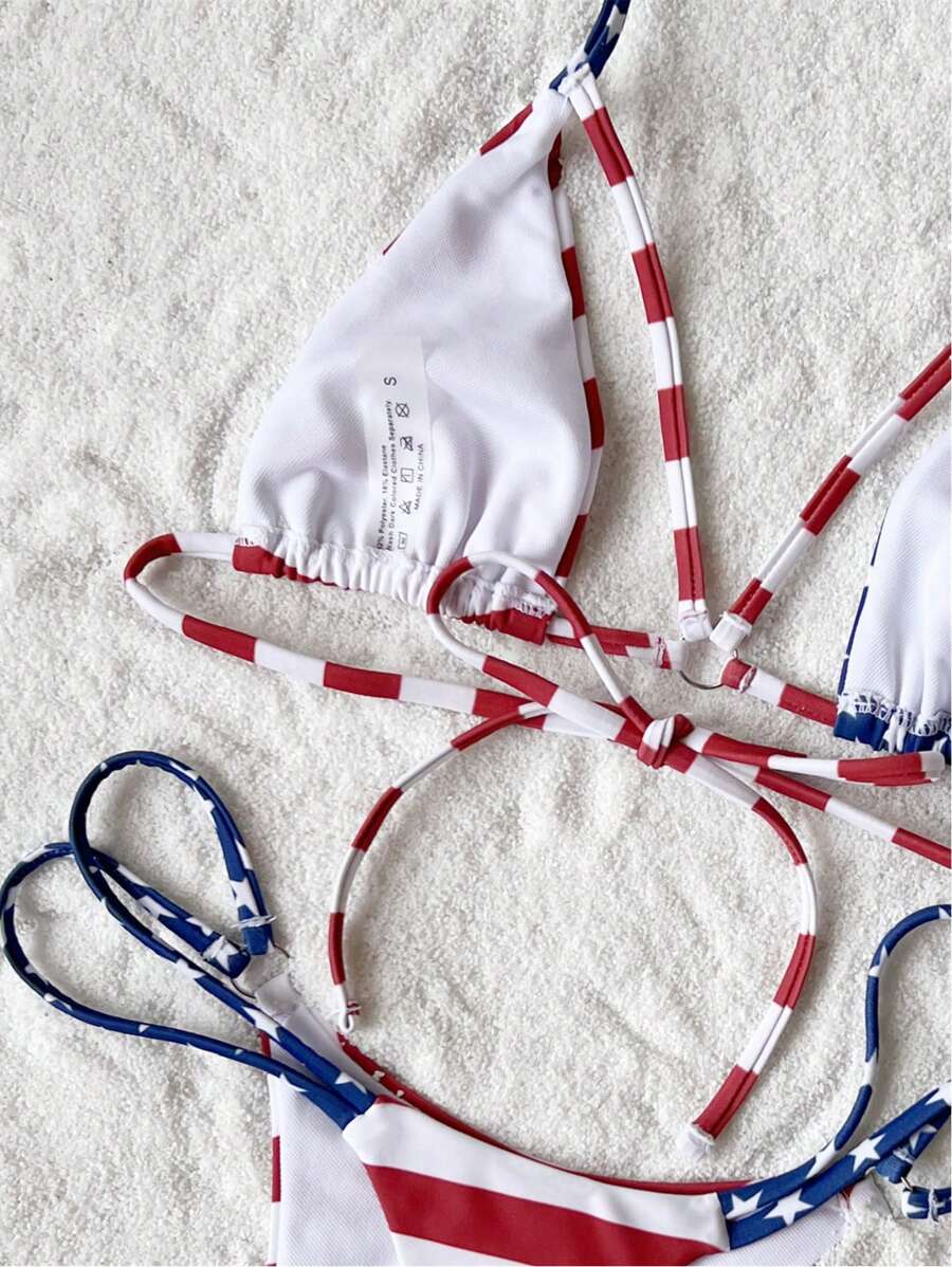 Shein Swim Vcay Women American Flag Print Halter Neck Triangle Bra
