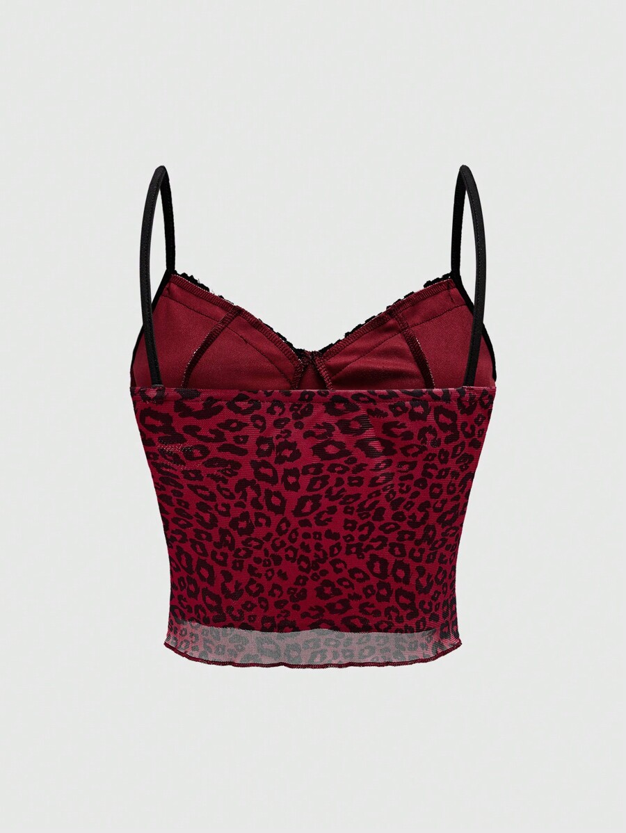 ROMWE Grunge Punk Women Red Leopard Print Splice Lace Floral Mesh ...