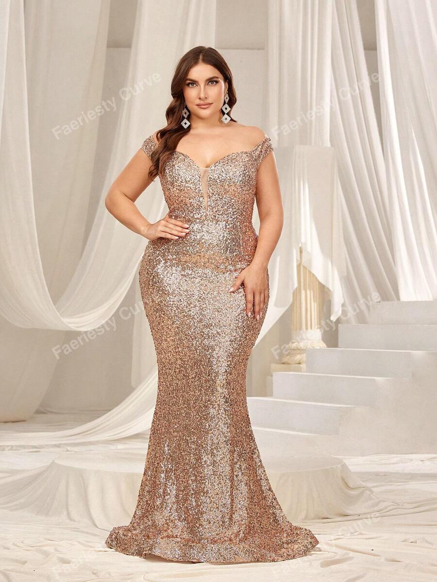 Faeriesty Plus Off Shoulder Mermaid Hem Sequin Dress Elegant Formal Evening Prom Wedding Guest ...