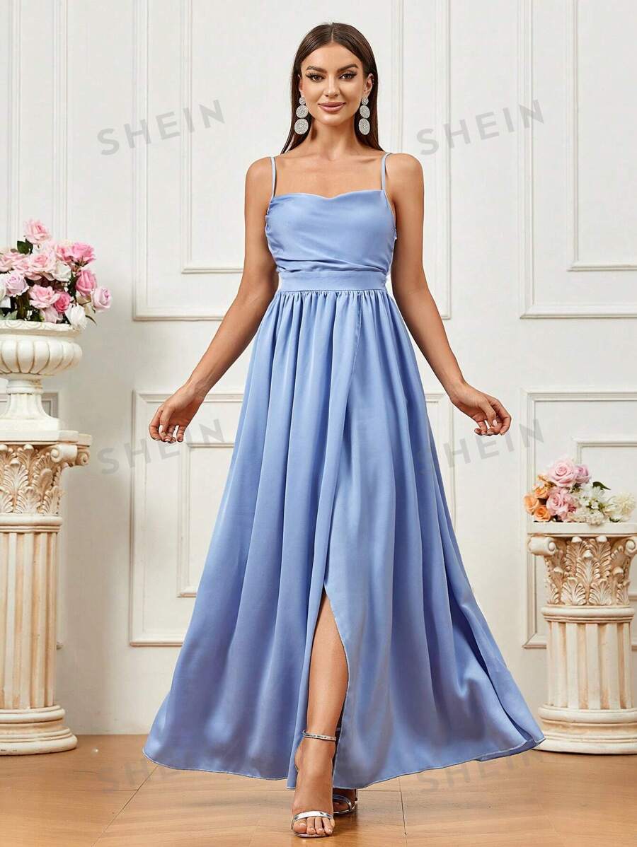 SHEIN Belle Elegant Bridesmaid Dress With Satin Fabric And High Side Slit Wedding Guest Summer ...