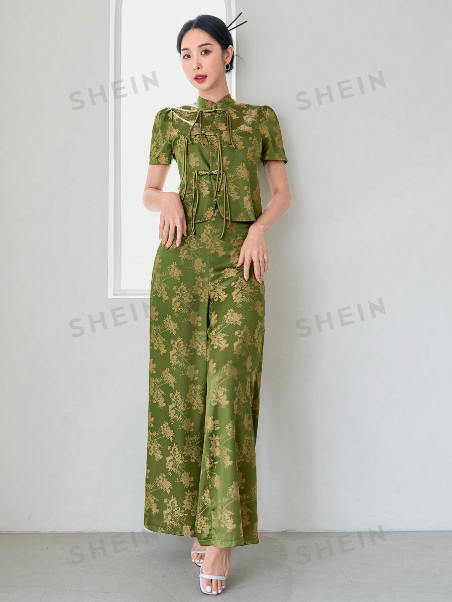 SHEIN EastFlair Chinese Style Holiday Outfit With Stand Collar Top And ...