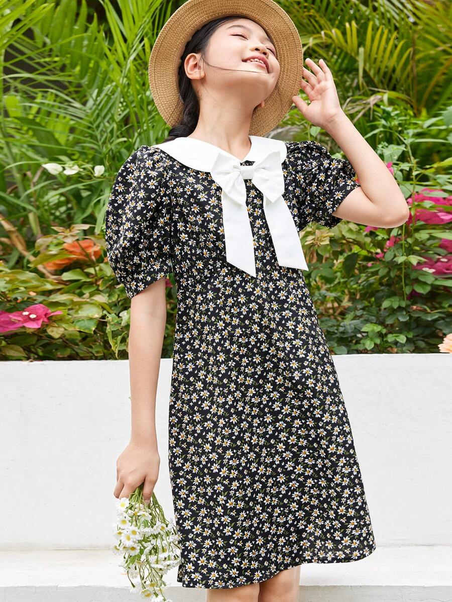 SHEIN Tween Girl Casual And Cute Floral Dress With Peter Pan Collar ...