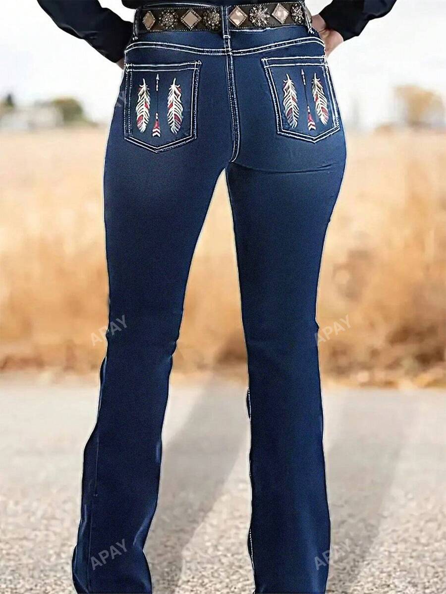Women's Pocket Feather Embroidery Flare Denim Jeans | SHEIN USA
