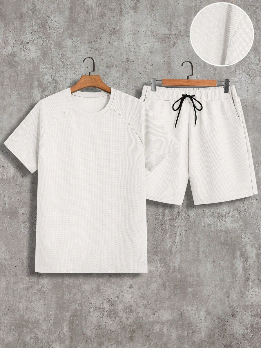 Manfinity Homme Men Fashion Summer Solid Color Casual Waffle Grid Two ...