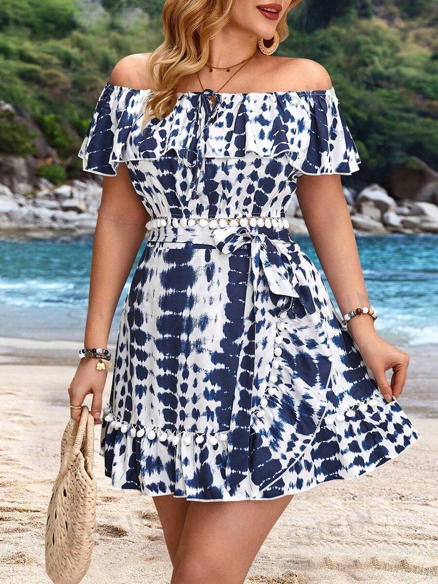 SHEIN VCAY Plus Size Women's Sexy Tie Dye Off Shoulder Top And Short Skirt Set With Ruffle Hem ...