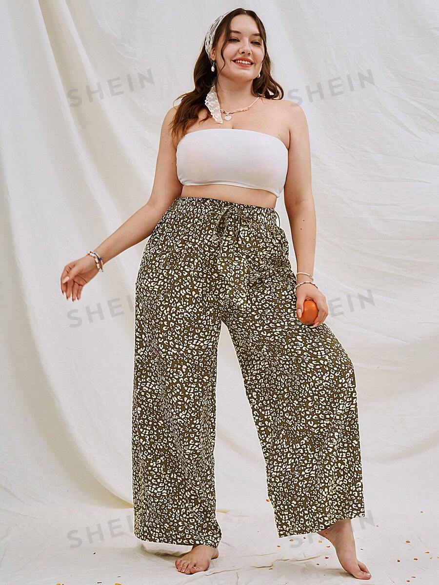 SHEIN WYWH Pantalon d"été à taille nouée et à jambe large pour femme grande taille imprimé ...