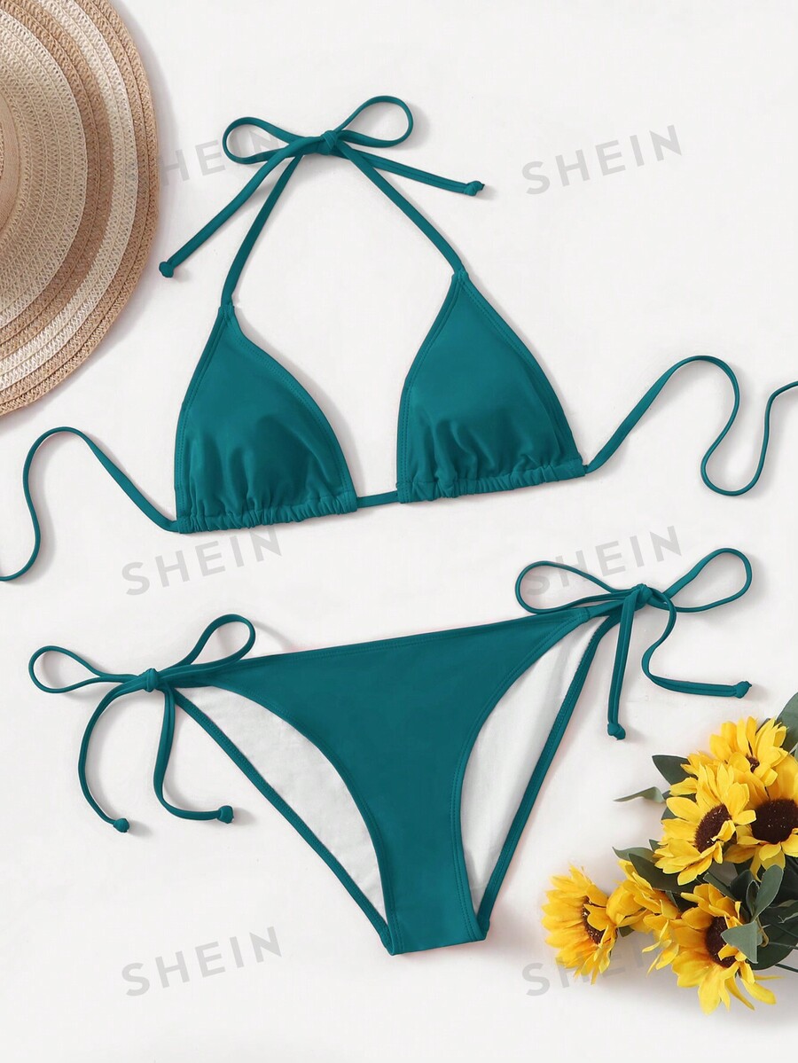 Shein Swim Ladies Solid Color Halter Strap Simple Fashionable Bikini