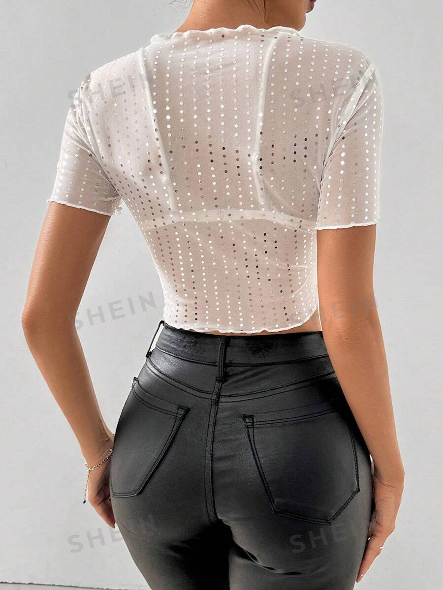 SHEIN Privé Women's Sexy Translucent Sparkling Short Top For Commuting ...