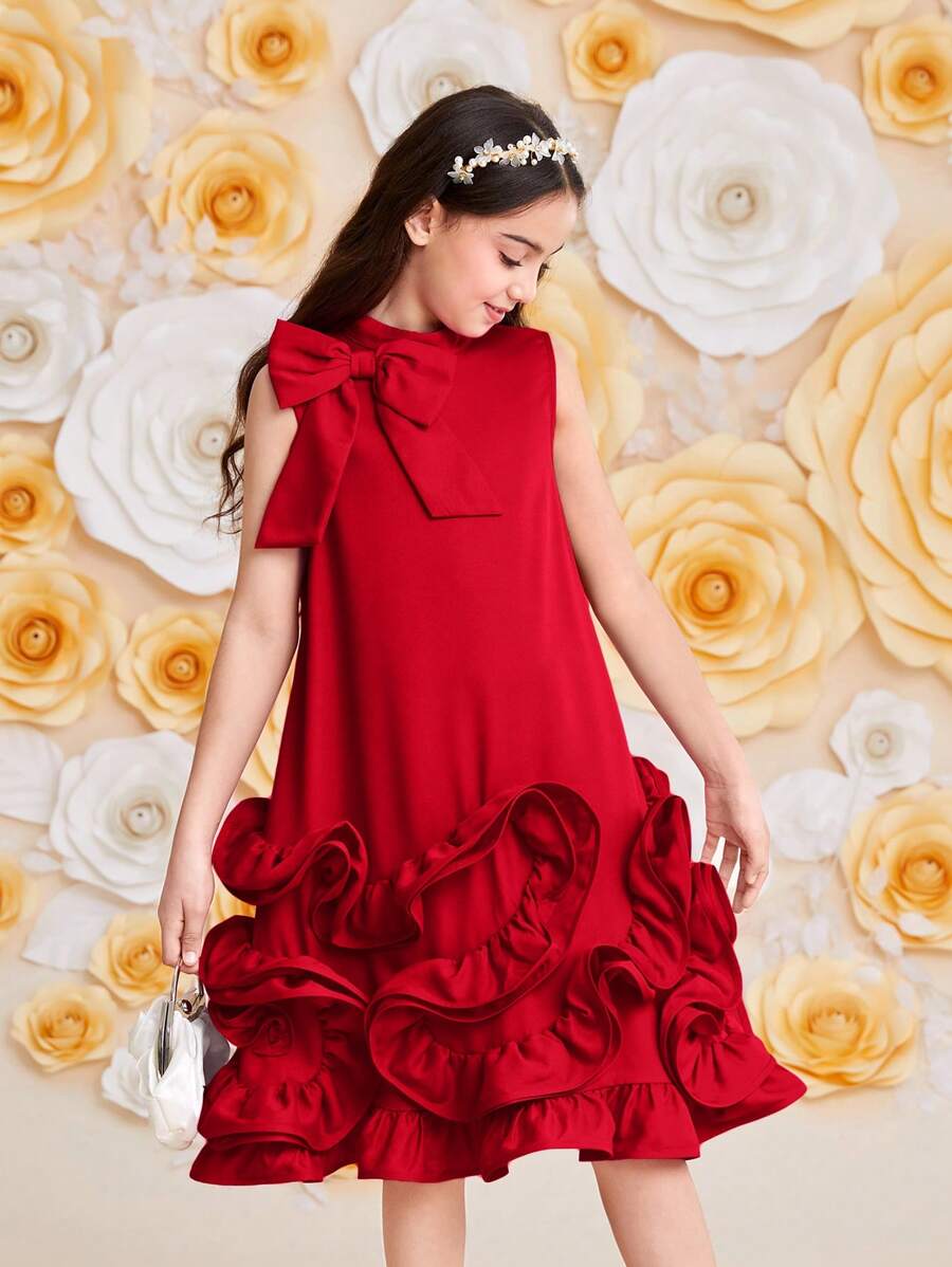 SHEIN Tween Girl Cute Loose Dress With Detachable Bow, Stand Collar, 3D ...