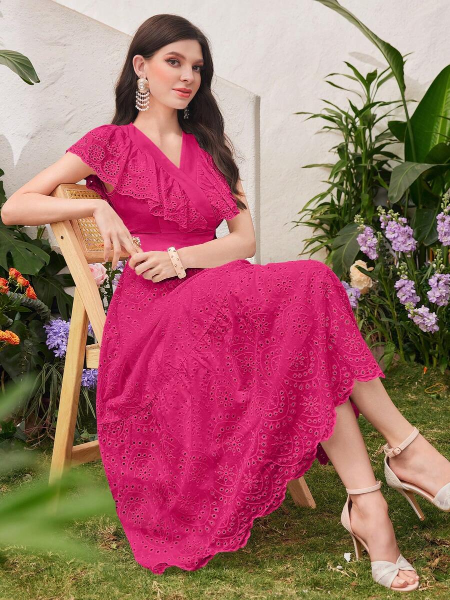 SHEIN Mulvari Women Solid Color Burnout V-Neck Resort Wear Dress For ...