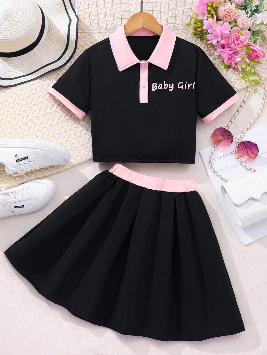 SHEIN Tween Girl Summer Black & Pink Colorblock Shirt And Skirt Set ...