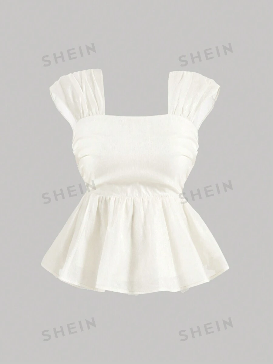 SHEIN MOD Women Fashionable Wide Shoulder Straps Broken Pleated Organza ...