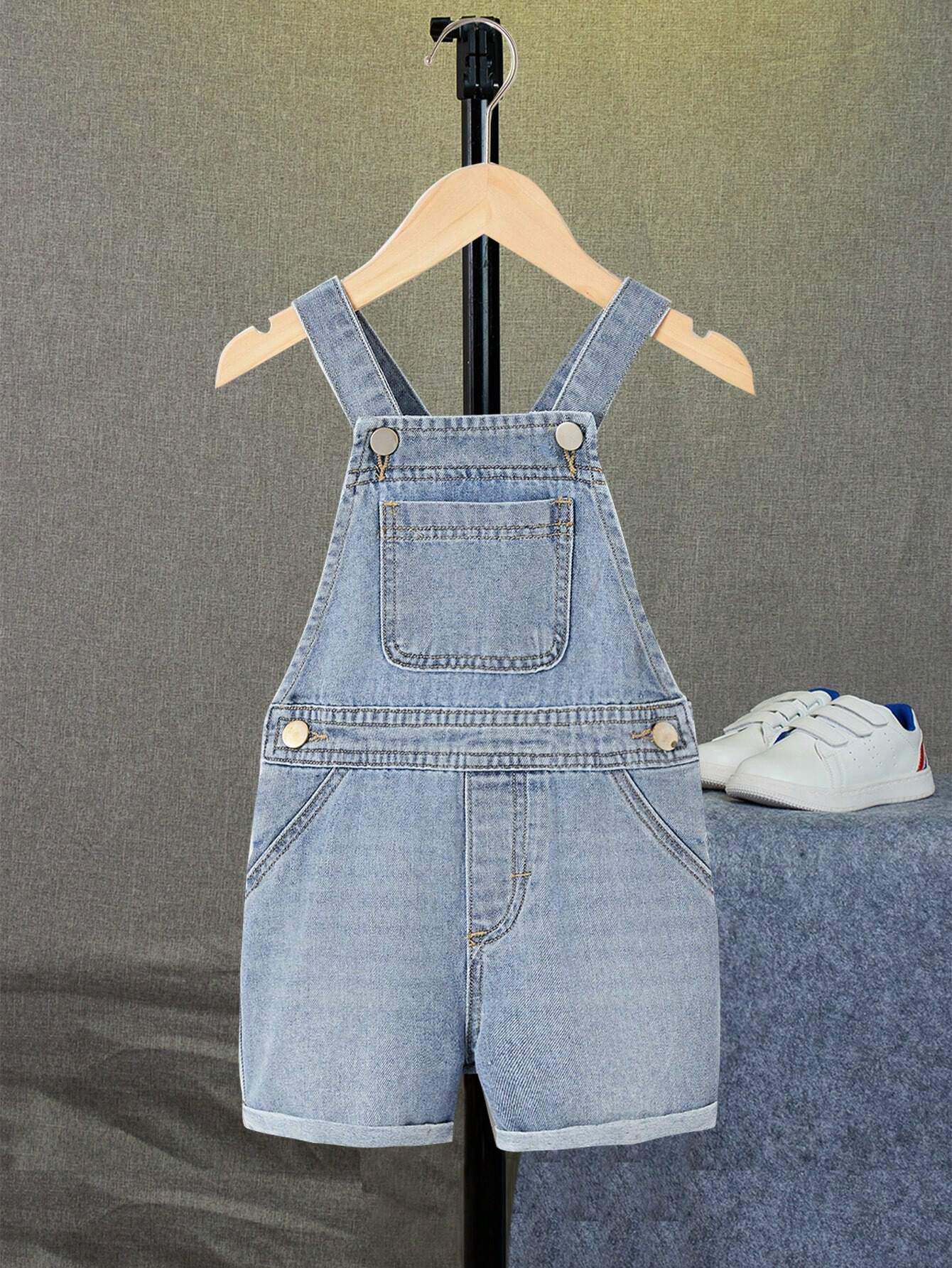 Young Girl Basic Daily Wear Roll Hem Denim Overall Shorts | SHEIN USA