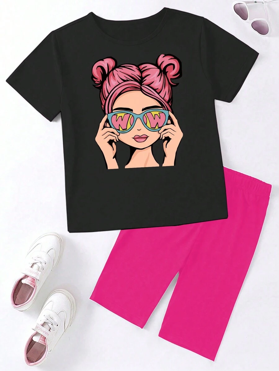 GraphicGems Tween Girl Figure Print Tee & Biker Short Set | SHEIN USA