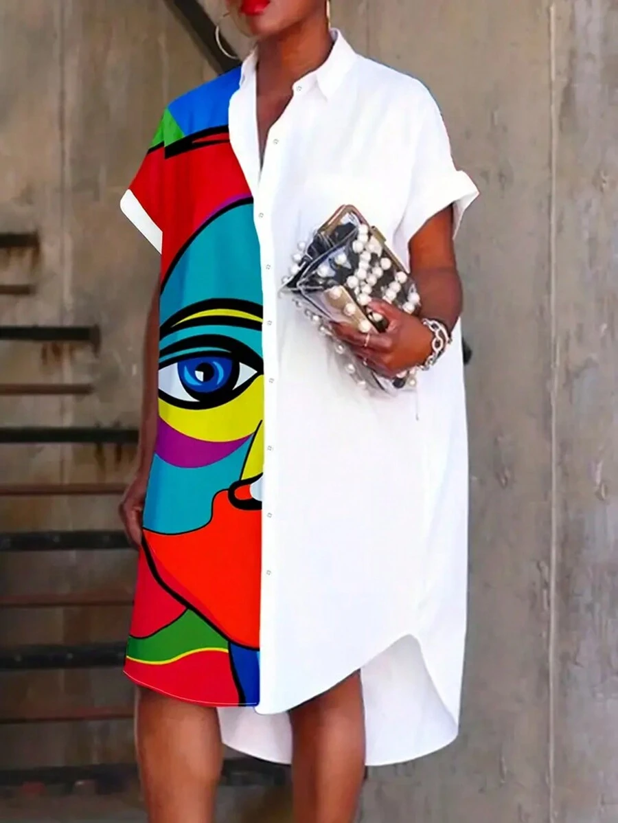 SHEIN LUNE Women Fashionable Abstract Portrait Printed Shirt Dress ...