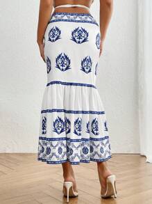 SHEIN Privé Blue And White Floral Print High Waist Mermaid Skirt With ...