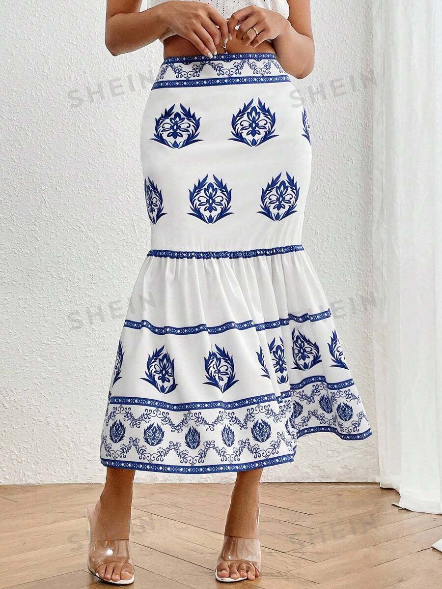 SHEIN Privé Blue And White Floral Print High Waist Mermaid Skirt With ...
