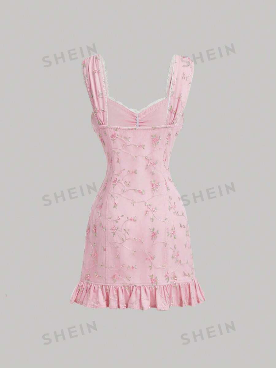 SHEIN MOD Vestido Cor-de-Rosa de Verão com Bordado, Renda e Design de ...