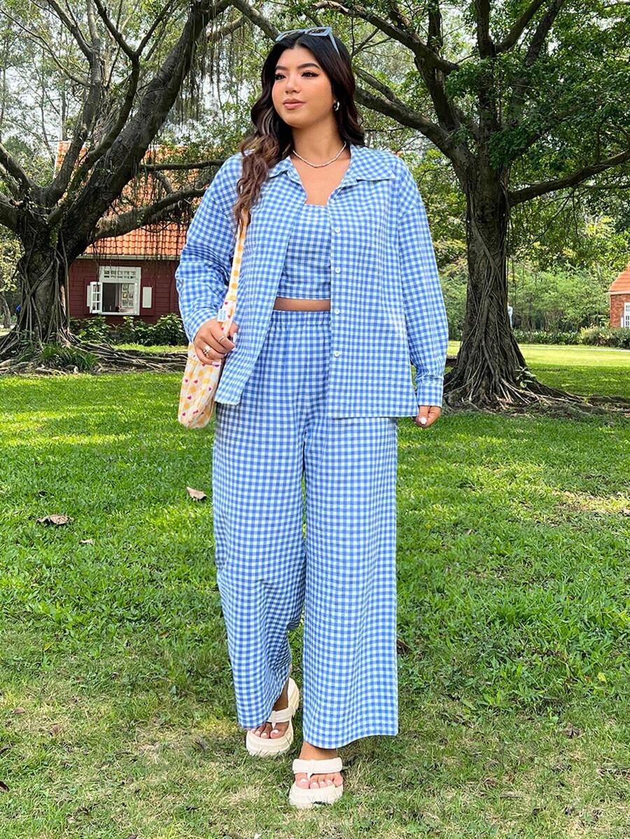 SHEIN EZwear Plus Size Vacation Blue And White Checkered Strapless Top ...