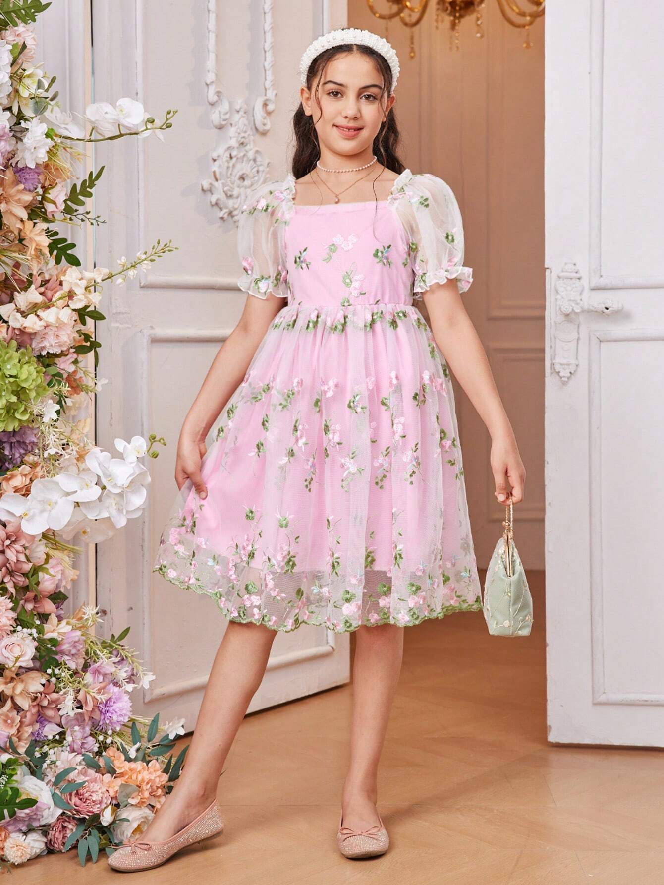 Tween Girl Fairy Palace Style Floral Embroidery Tulle Puff Princess ...