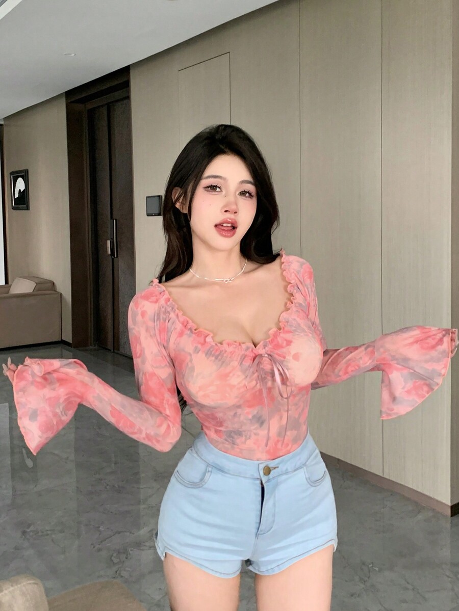 DAZY Ladies' Full Print Mesh Off-Shoulder Long Sleeve Summer Top With Floral Pattern Going Out ...